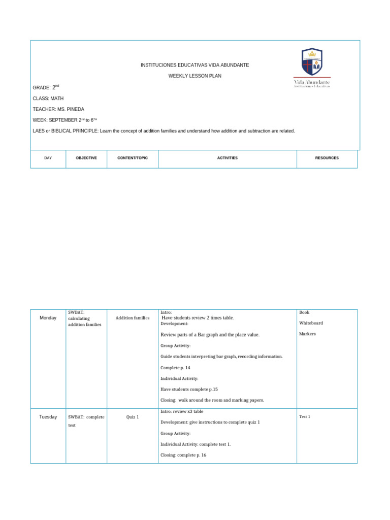 Weekly Lesson Plan September 2nd-6th | PDF | Phonics | Word