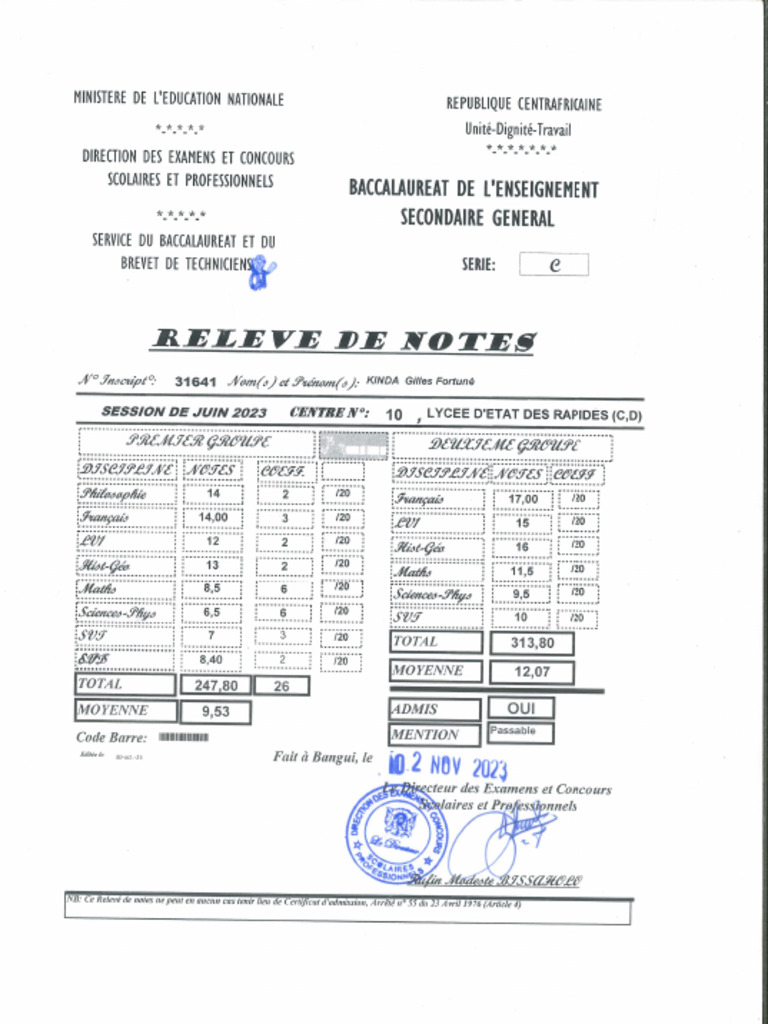 BAC Rélévé Des Notes | PDF