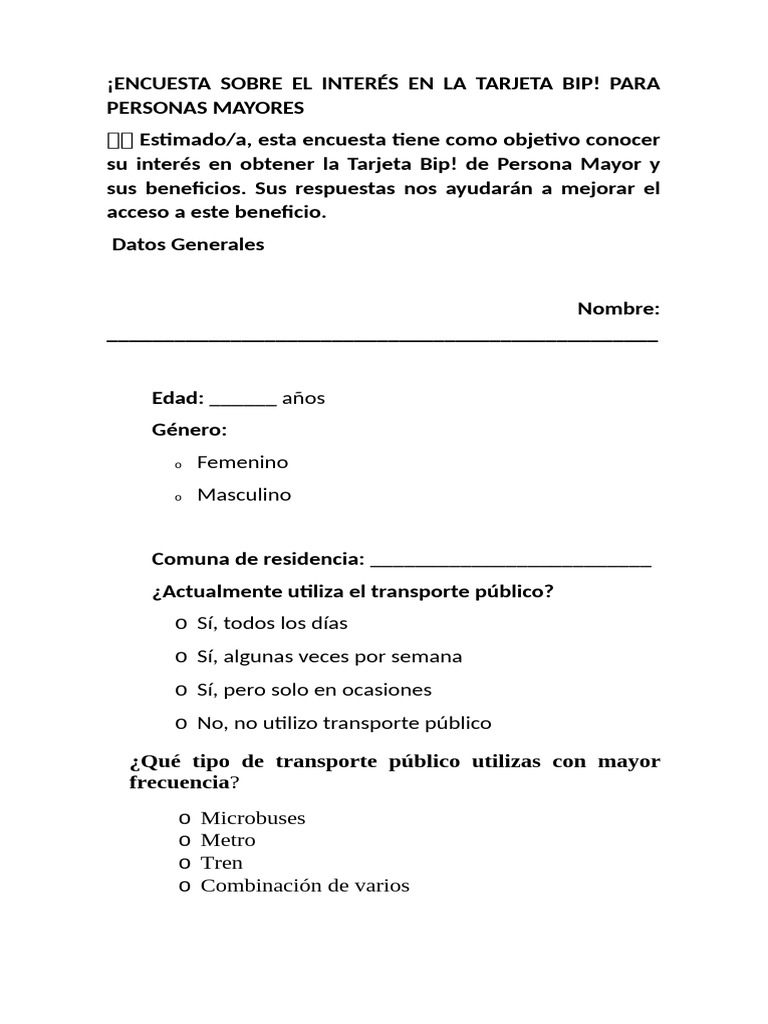 Encuesta Sobre El Interés en La Tarjeta Bip | PDF