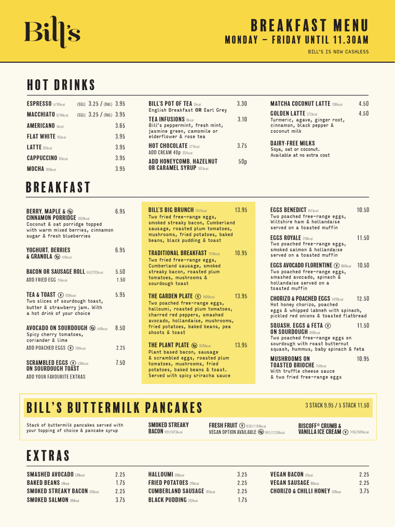 Bill's Breakfast Menu & Nutritional Info | PDF | Pancake | Lemonade