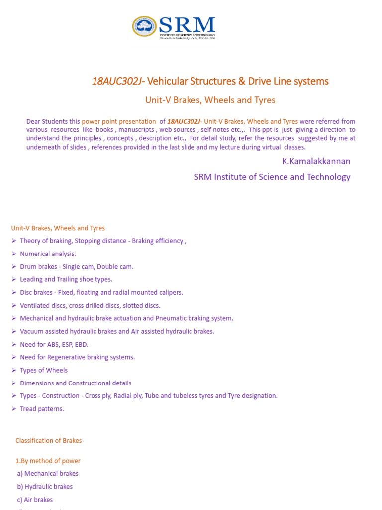 Unit - V Brakes, Wheels and Tyres | PDF | Brake | Anti Lock Braking System