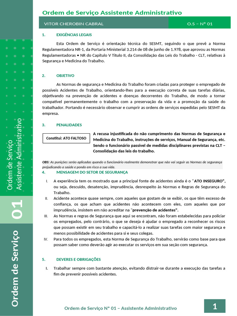 NR01 - Ordem de Servico - Assistente Administrativo | PDF