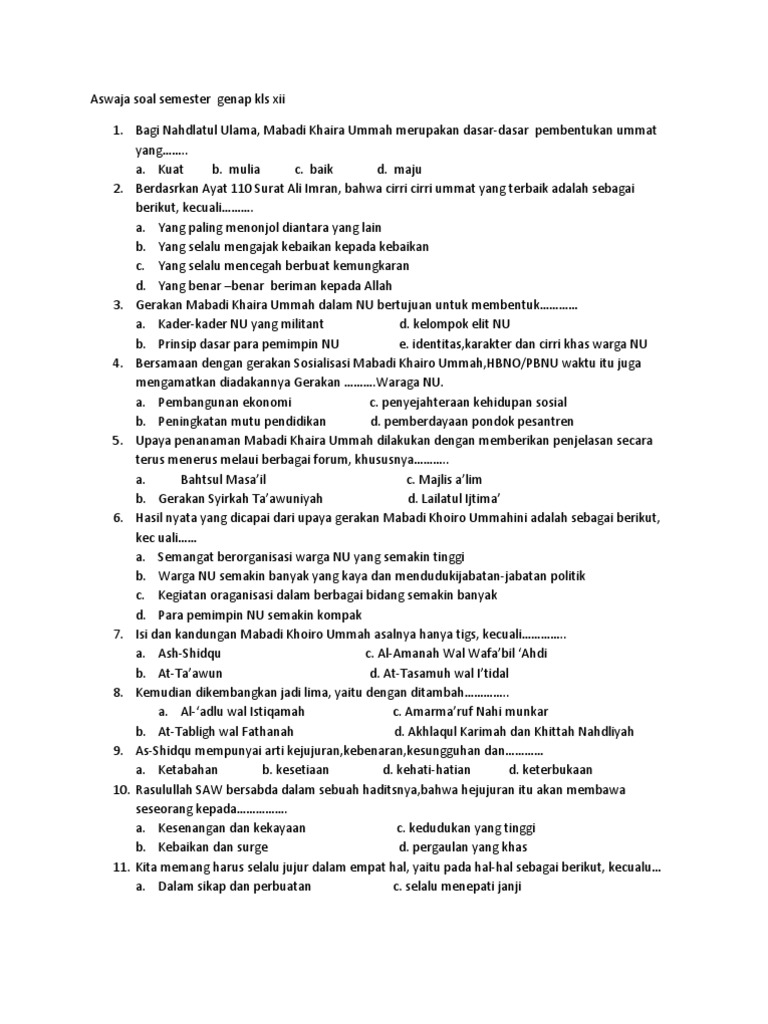 Aswaja Soal Semester Genap Kls Xii | PDF | Agama & Spiritualitas