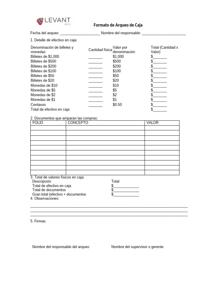Formato de Arqueo de Caja | PDF