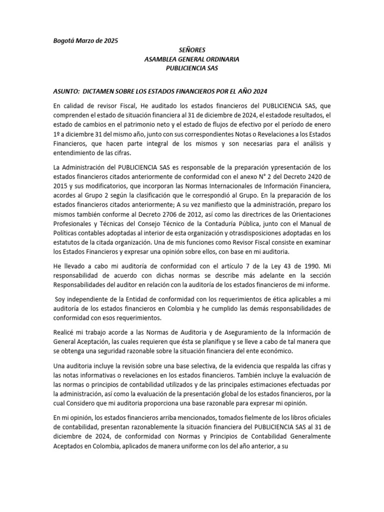 Dictamen Del Revisor Fiscal 2024 Publiciencia | PDF | Auditoría ...