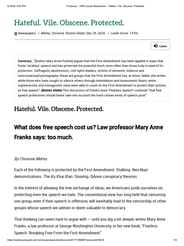 ProQuest - SIRS Issues Researcher Hateful. Vile. Obscene. Protected ...