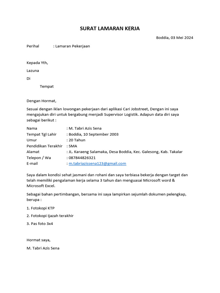 Surat Lamaran Kerja Lazuna | PDF