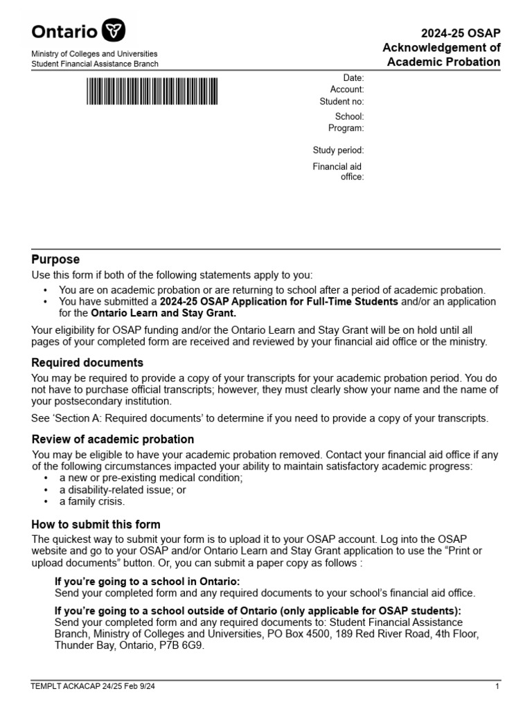 OSAP Academic Probation Acknowledgment Form | PDF | Student Financial ...