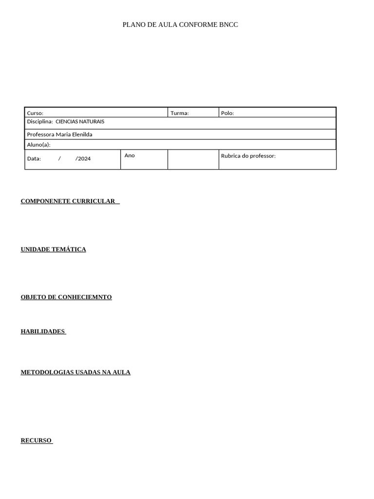 Modelo Plano de Aula Ciencias | PDF
