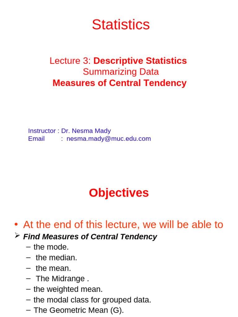 Lecture 3-4descriptive Statistics Measures of Central Tendency | PDF ...