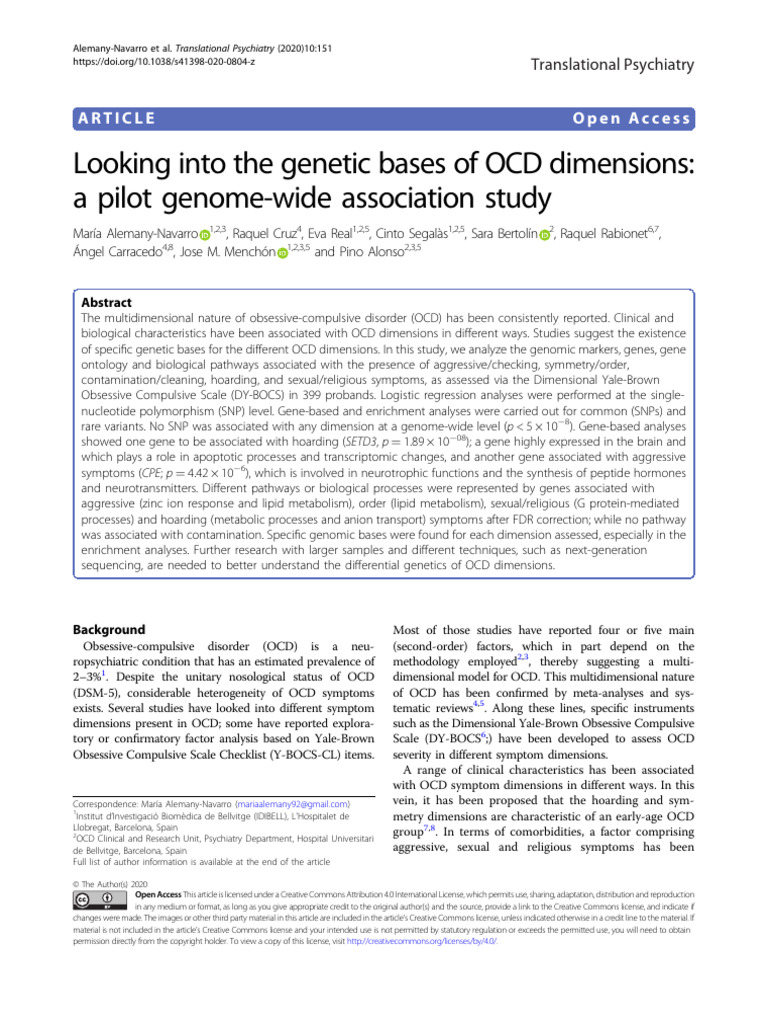Looking into the genetic bases of OCD dimensions a pilot genome wide ...