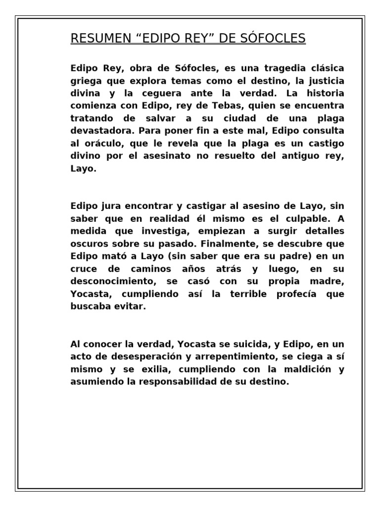 Resumen de "Edipo Rey" de Sófocles | PDF | Edipo