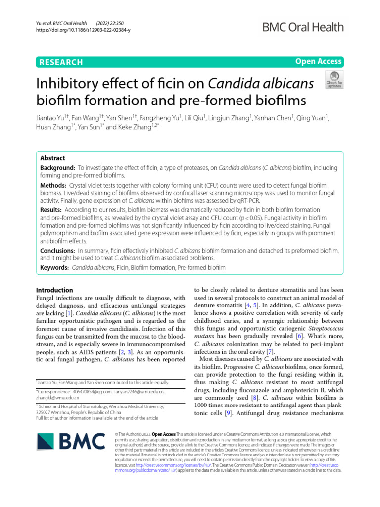 2022 Inhibitory effect of ficin on Candida albicans biofilm formation ...