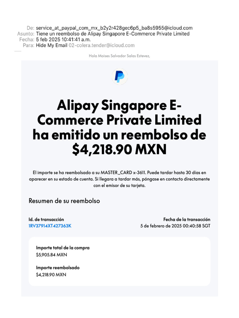Tiene Un Reembolso de Alipay Singapore E-Commerce Private Limited | PDF