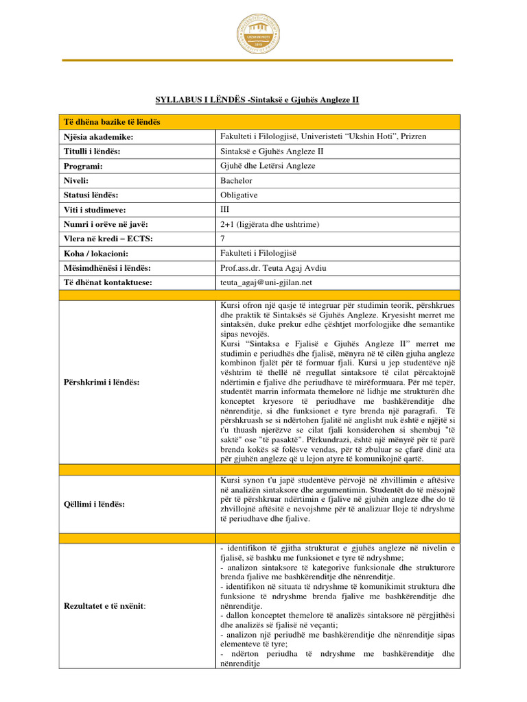 Sintakse e Gjuhes Angleze II | PDF