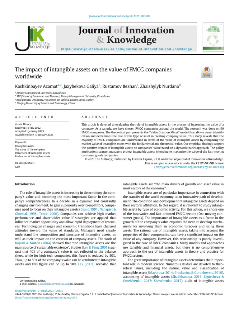 The Impact of Intangible Assets On The Value of - 2023 - Journal of ...