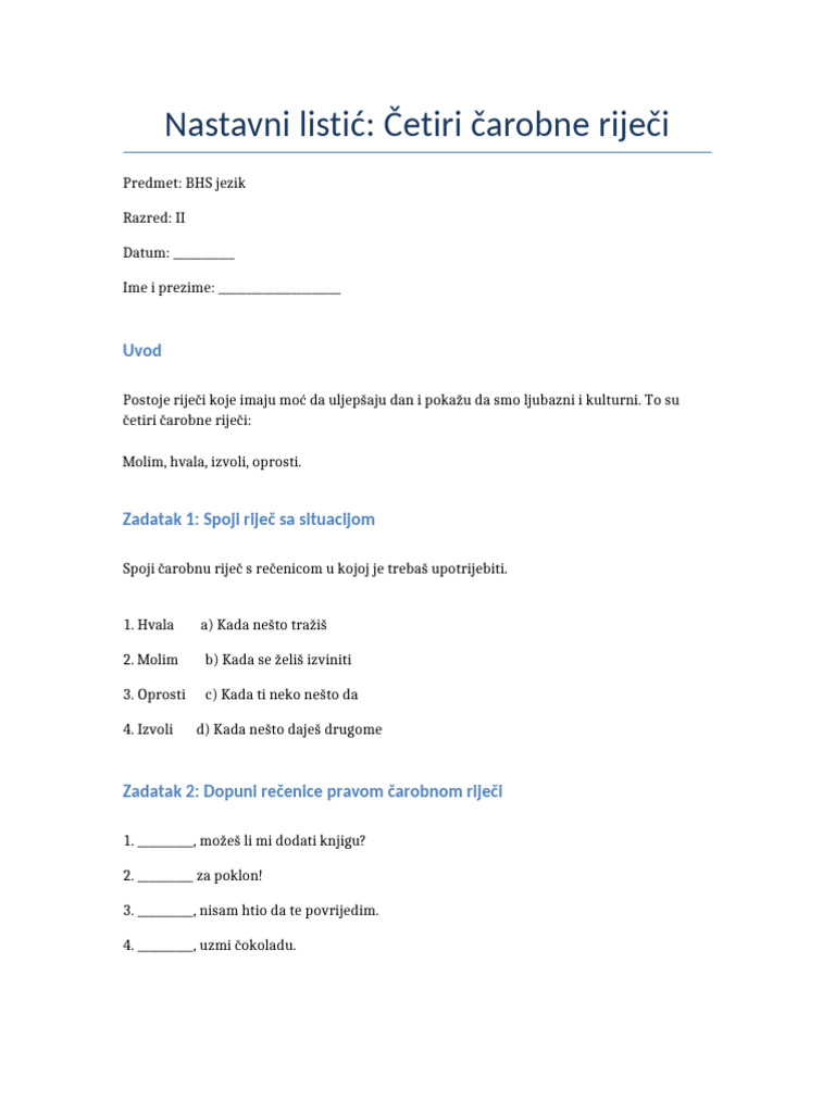 Nastavni Listic Cetiri Carobne Rijeci | PDF