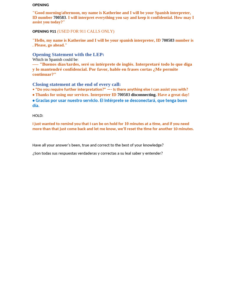 Spanish Interpreter Opening Script | PDF