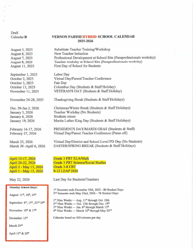 Vernon Parish Hybrid School Calendar 2025-2026 | PDF