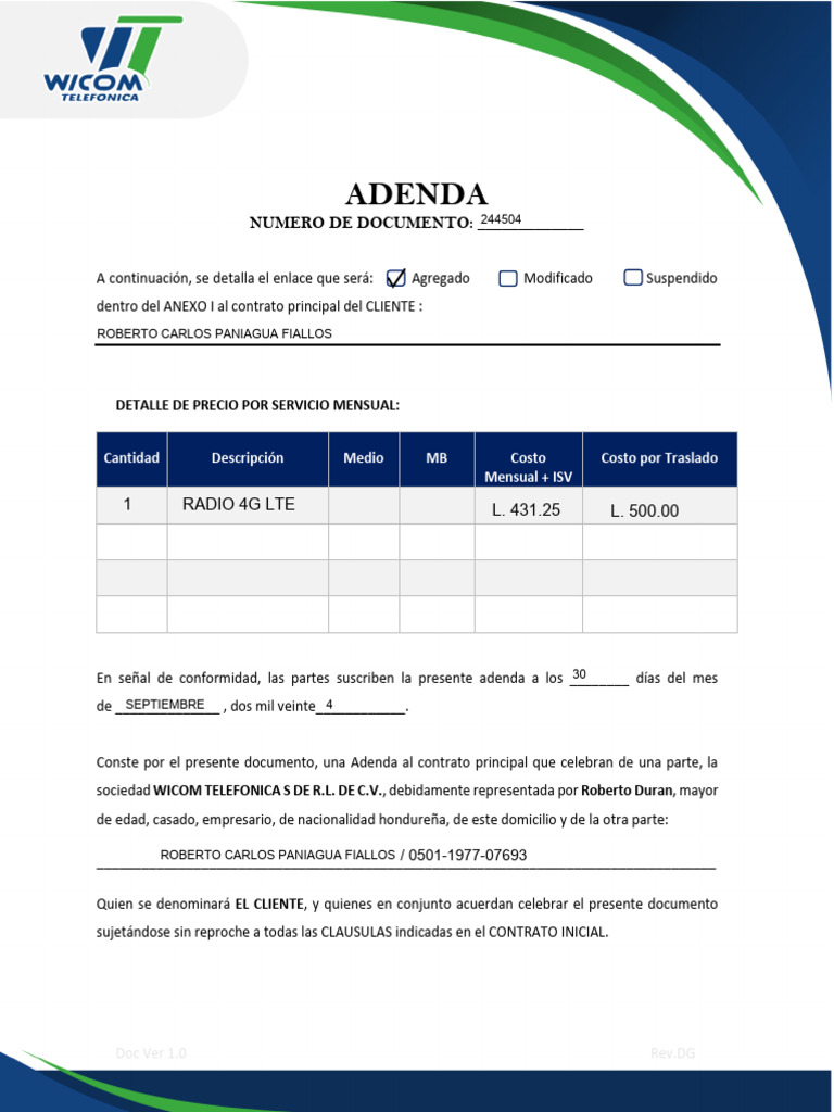 Adenda al Contrato WICOM Telefónica | PDF