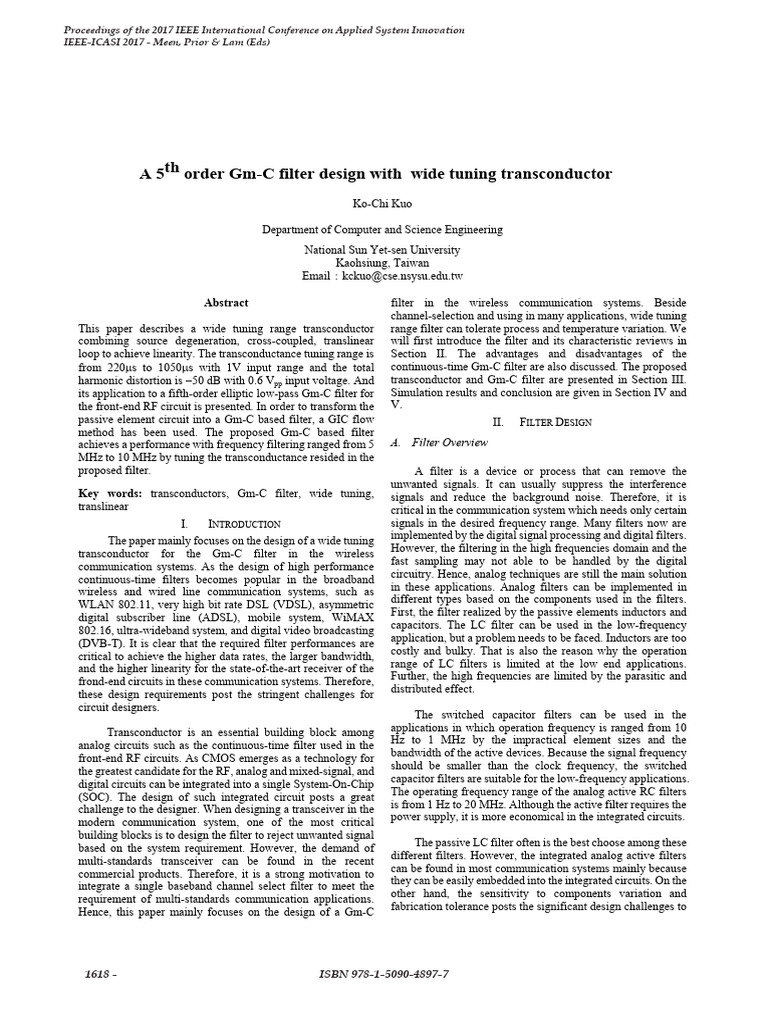 A 5th Order GM-C Filter Design With Wide Tuning Transconductor | PDF ...