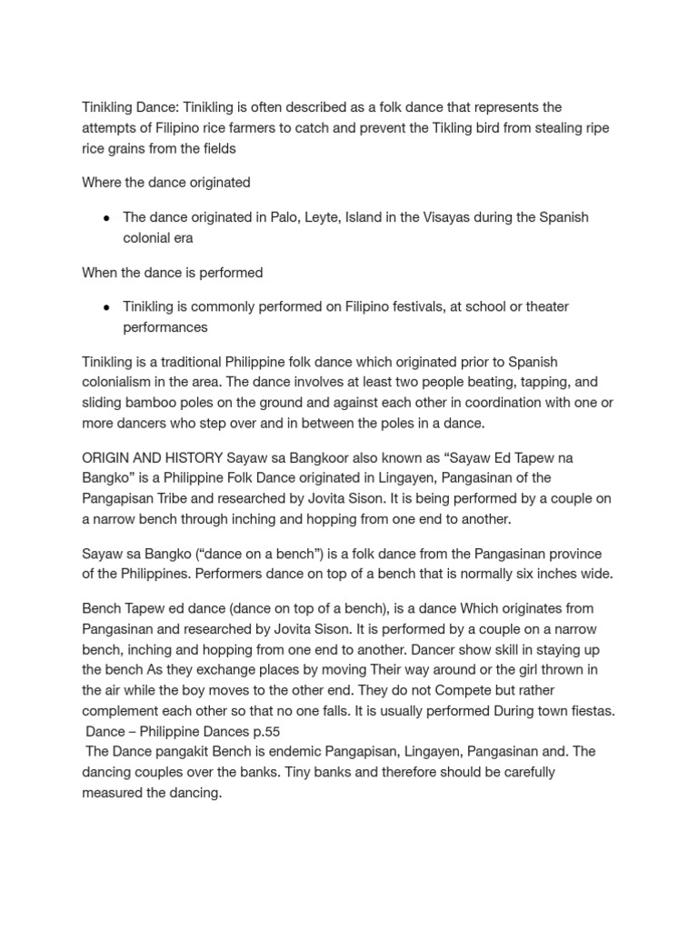 Tinikling and Sayaw Sa Bangko | PDF
