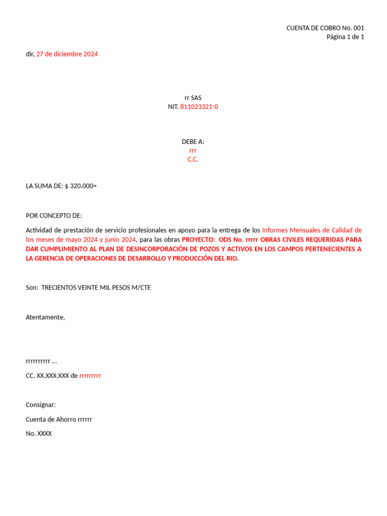 Cuenta de Cobro por Servicios Profesionales | PDF