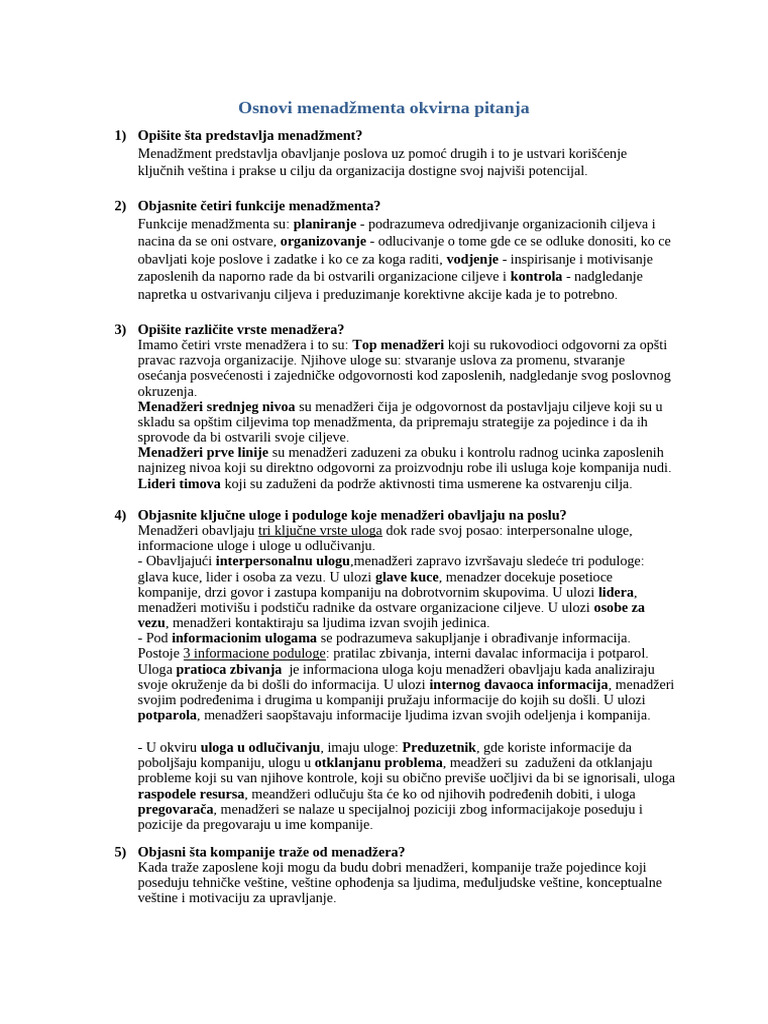 Osnovi menadžmenta okvirna pitanja 1. deo | PDF