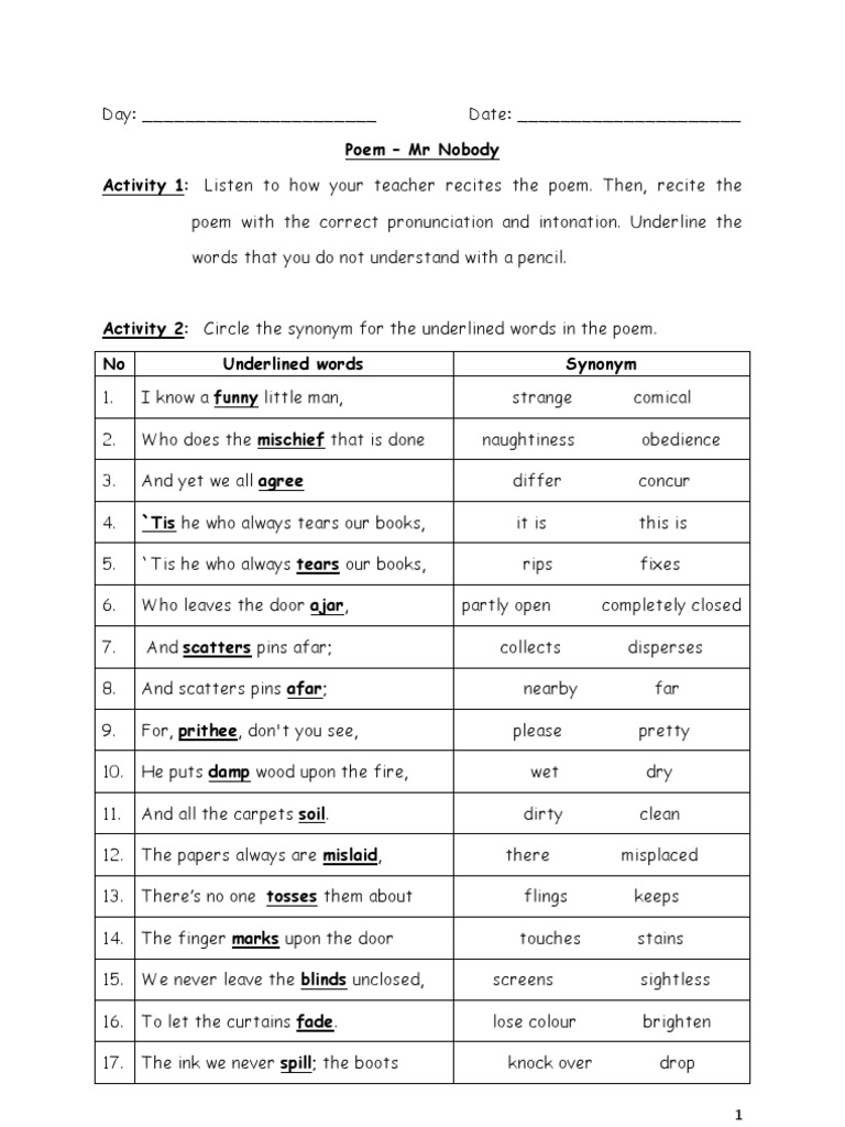 Understanding a Poem About Mr. Nobody Through Comprehension Activities ...
