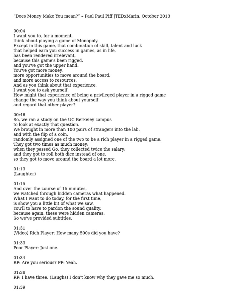 Does Money Make You Mean Transcript | PDF | Economic Inequality ...