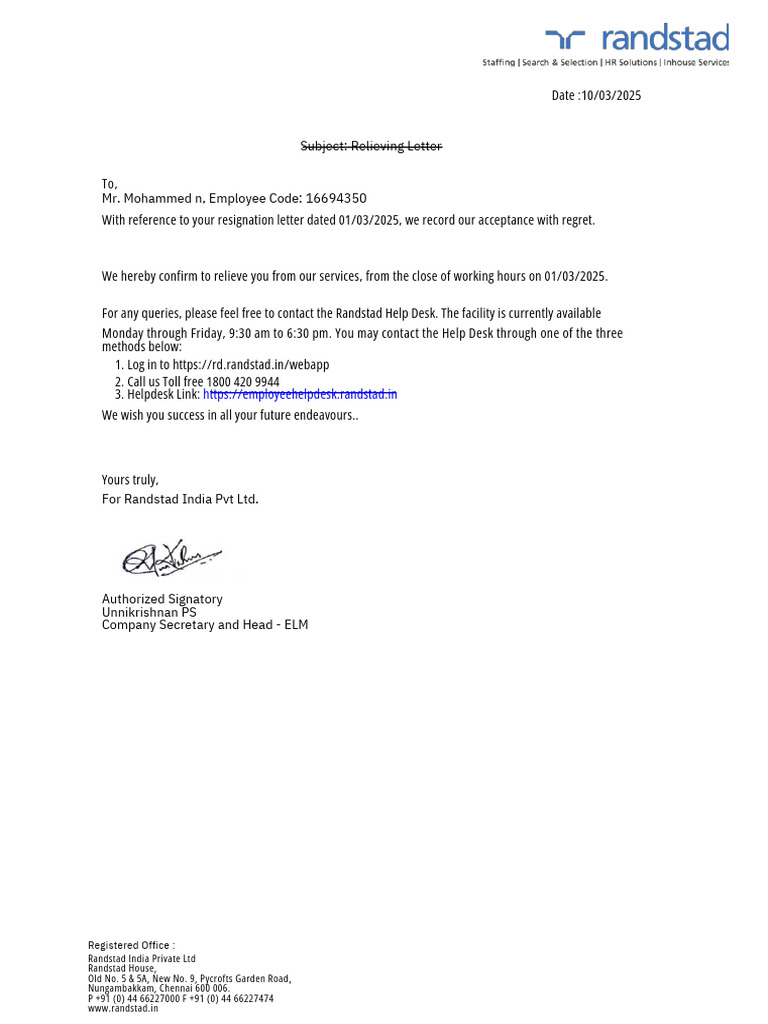 Relieving Letter for Employee Resignation | PDF
