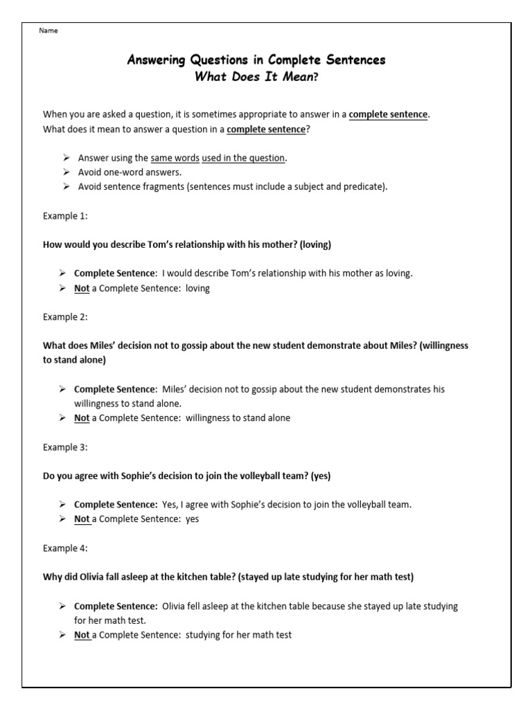 Answering Questions in Full Sentences | PDF | Poetry | Question