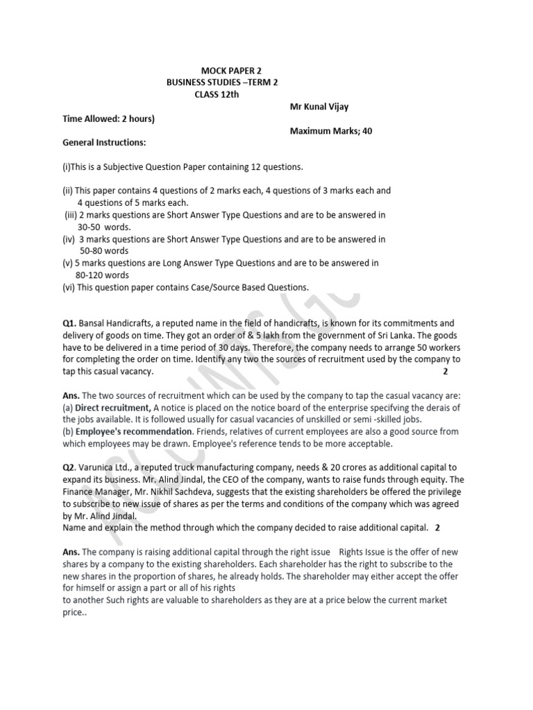 PDF Business Studies Mock Paper 2 Term 2 | PDF | Debt | Equity (Finance)