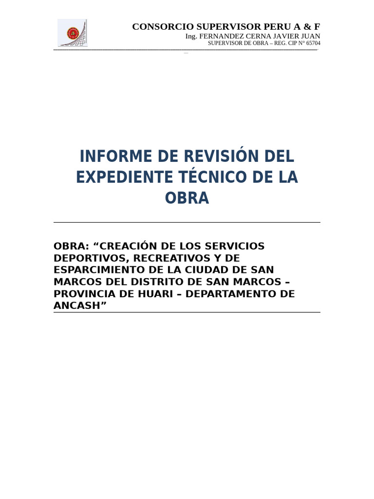 Informe de Revisión Del Expediente Técnico de La Obra - Supervision San Marcos | PDF | Fundación ...