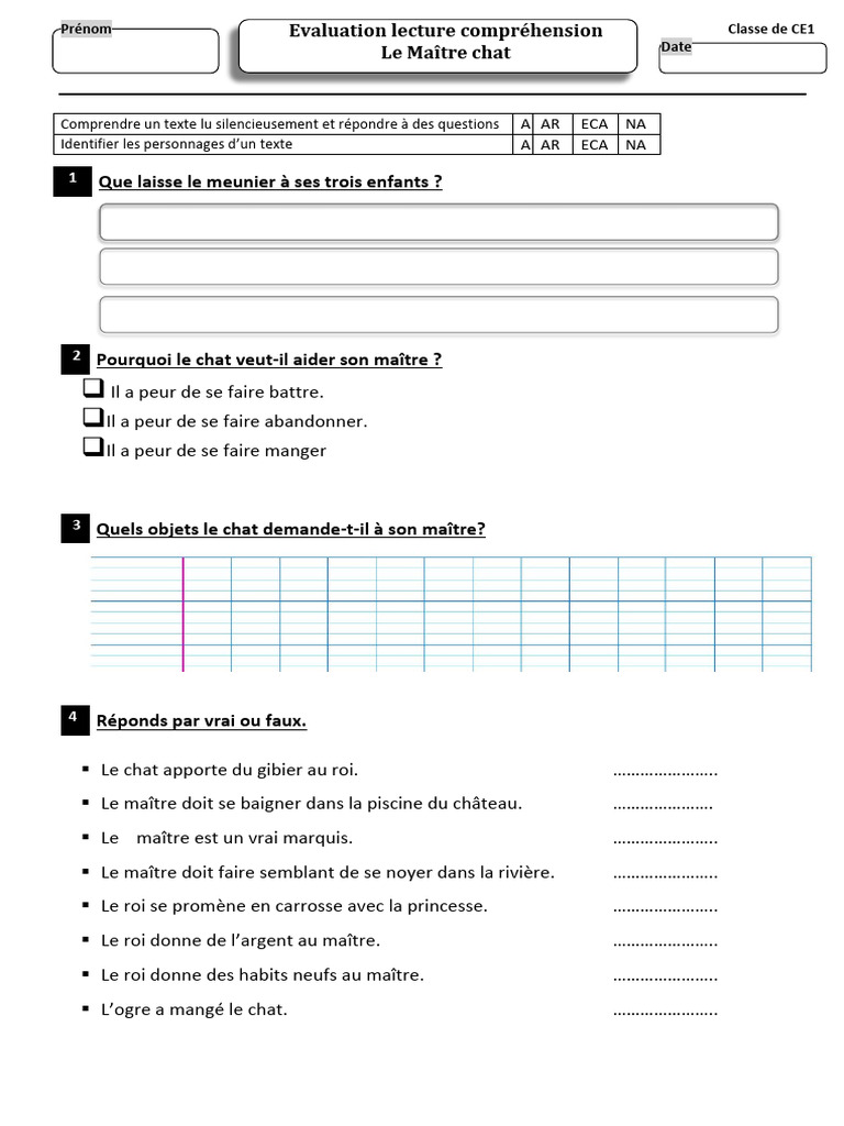 Évaluation CE1 : Le Maître Chat | PDF | Animaux et humains