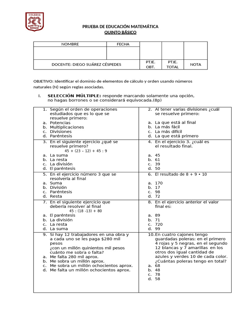 PRUEBAS FORMATIVA QUINTO Operaciones Naturales2020 | PDF | Multiplicación | Sustracción