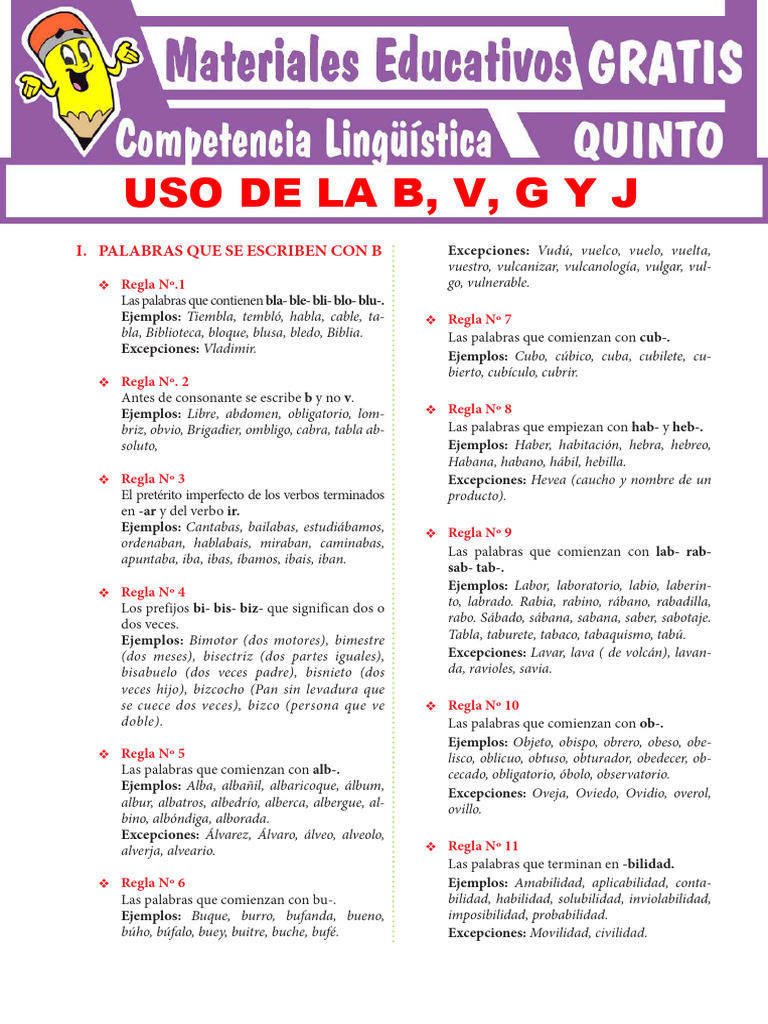 Reglas de Ortografía: B, V, G y J | PDF