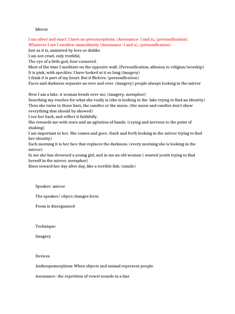 Mirror Sylviia Plath Analysis | PDF