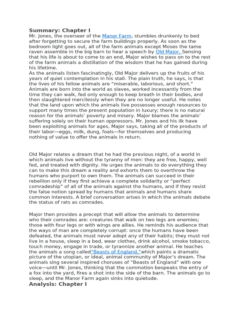 Animal Farm Chapter 1 Summary | PDF | Fable | George Orwell