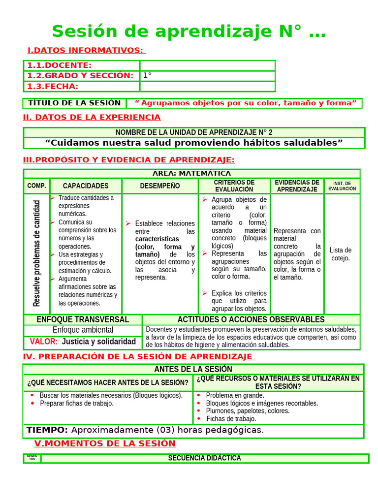 Sesiòn Agrupamos Objetos Segùn Su Color, Tamaño y Forma Maestra Janet | PDF | Aprendizaje