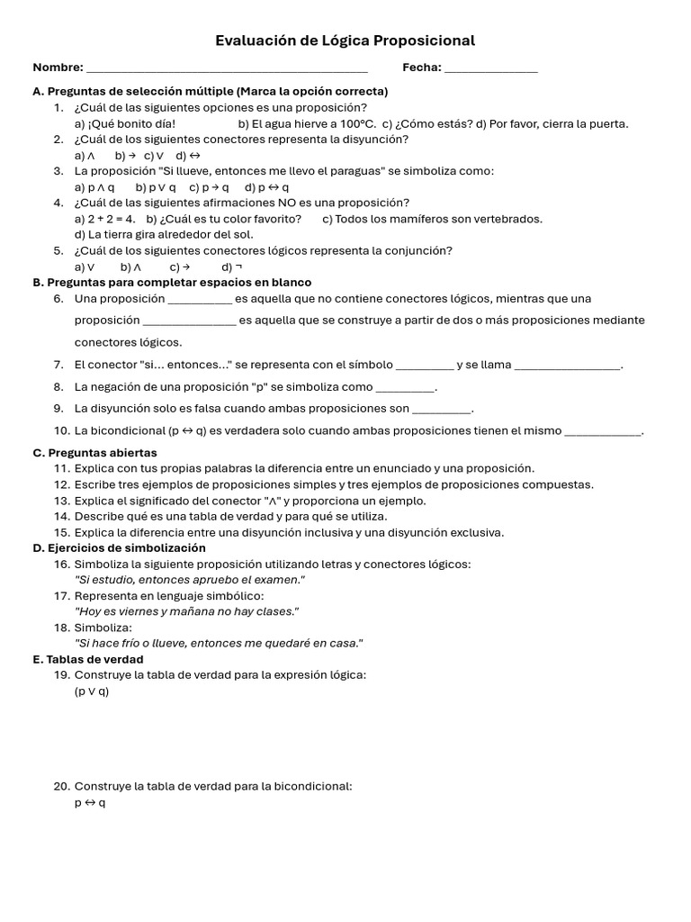 Evaluación de Lógica Proposicional | PDF | Proposición | Gramática