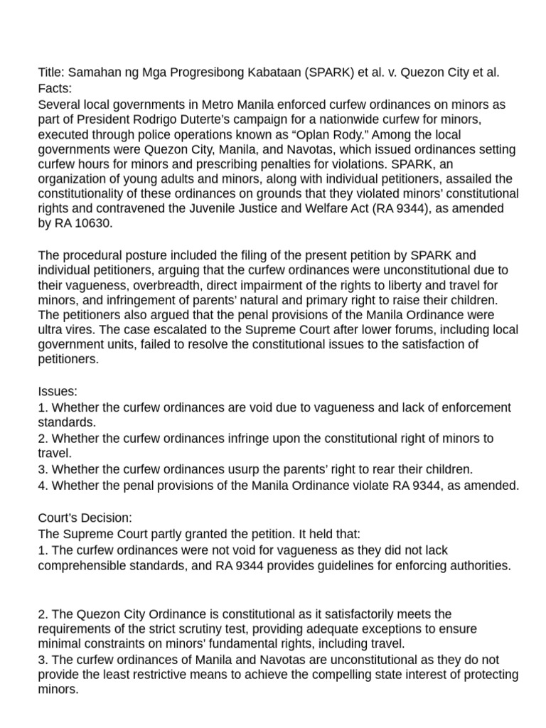 SPARK v. Quezon City: Curfew Ordinance Ruling | PDF | Overbreadth ...