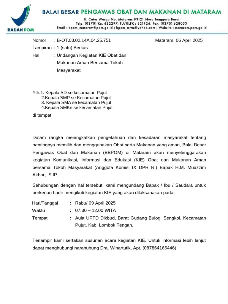 Surat Undangan Peserta KIE TOMAS Aula UPTD Dikbud 090425 | PDF