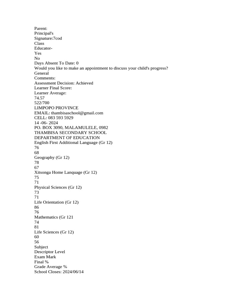 Grade 12 Progress Report for Annah | PDF