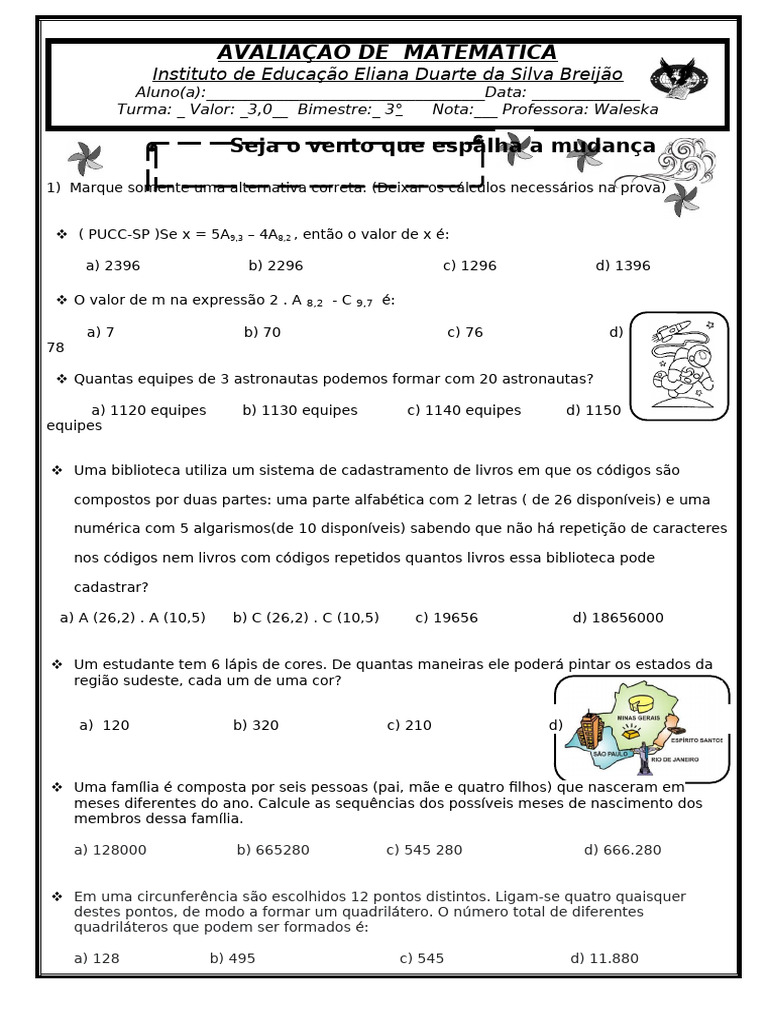 2º Avaliação de Matemática Arranjo e Combinação | PDF