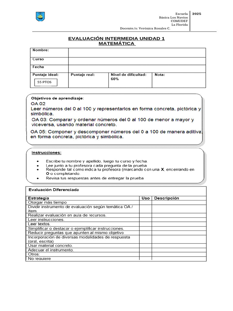 EVALUACION INTERMEDIA UNIDAD 1 MATEMATICA | PDF
