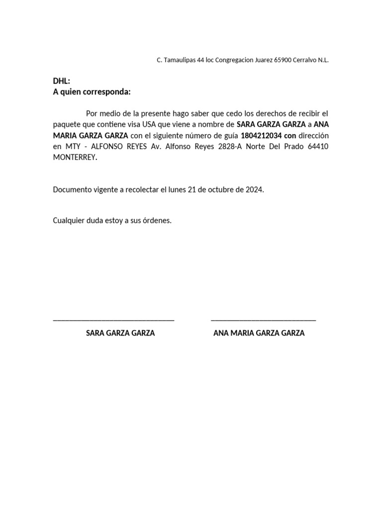 Machote de Carta Paqueterias | PDF