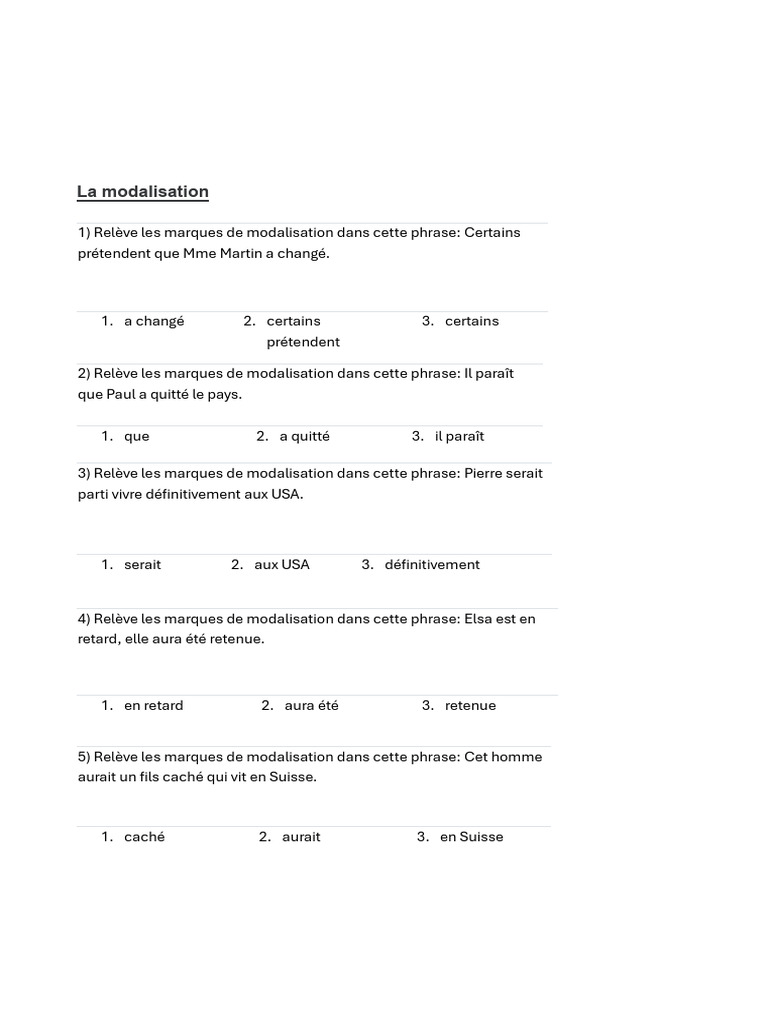 Exercices de modalisation en français | PDF | Adverbe | Phrase