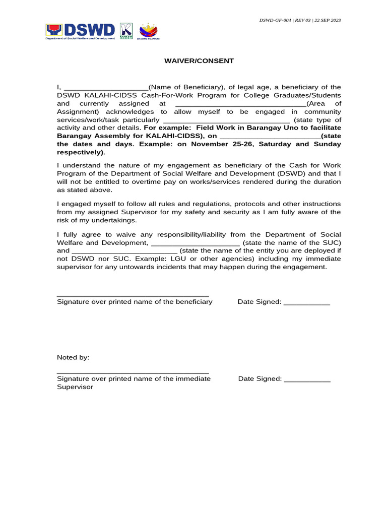 DSWD Cash-For-Work Waiver Consent Form | PDF