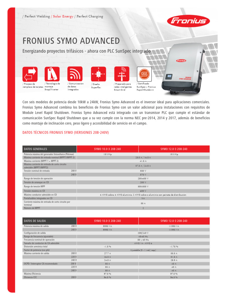 Ficha técnica Fronius Symo 10-12 KW | PDF | Electromagnetismo | Electrónica